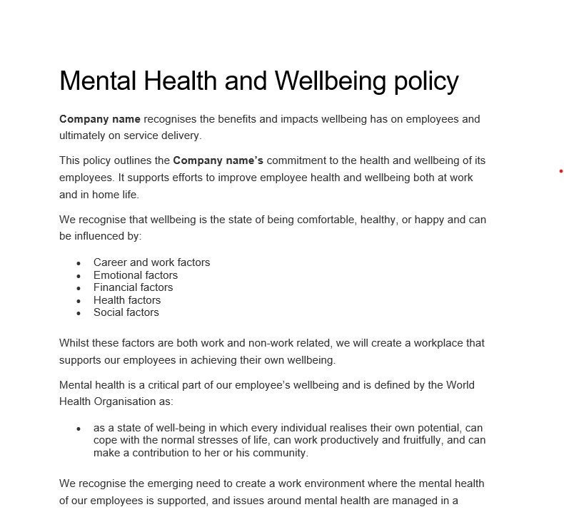 Mental Health Policy Template for Workplace Wellbeing - Editable Word Document, Comprehensive ...