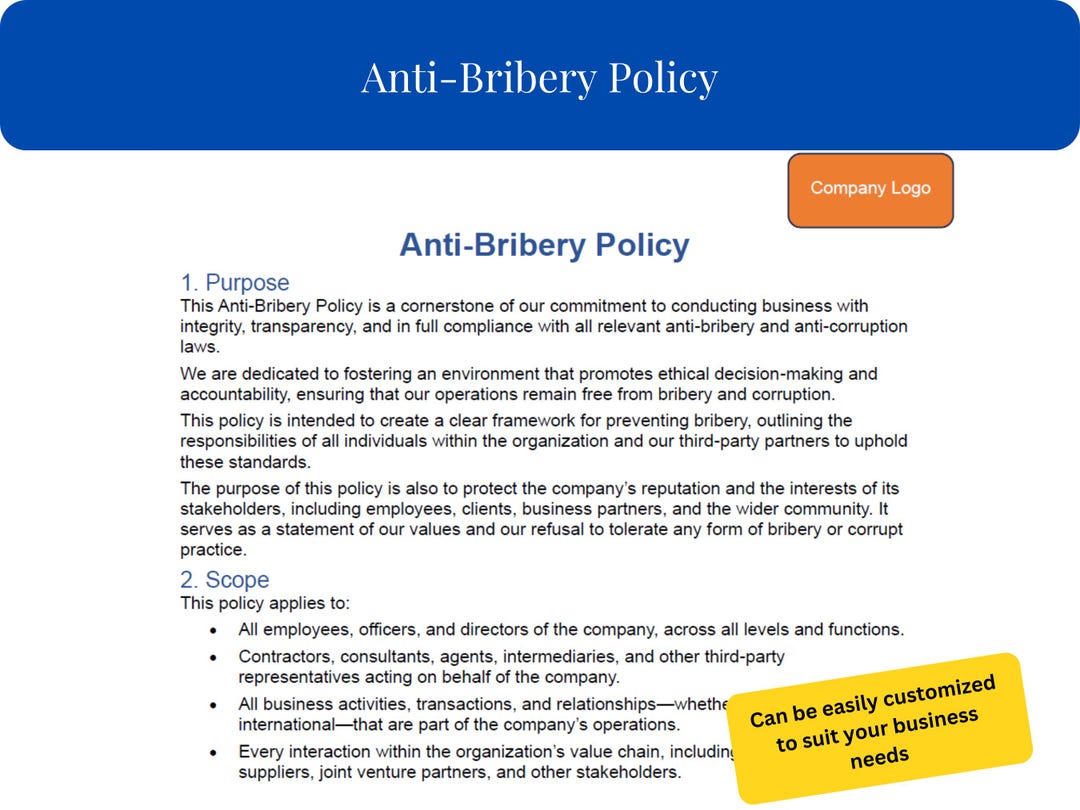 Anti-bribery Policy Template for Smbs | Editable Compliance Document ...