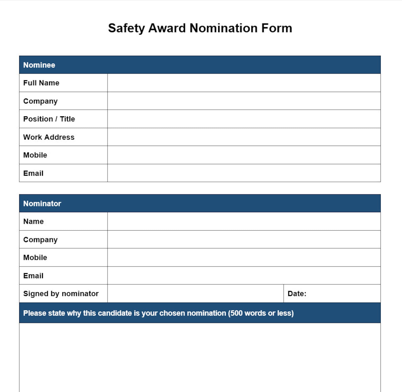 Complete Safety Award Nomination Form - Employee Recognition Template ...