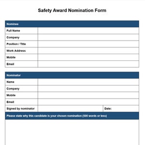Complete Safety Award Nomination Form - Employee Recognition Template ...