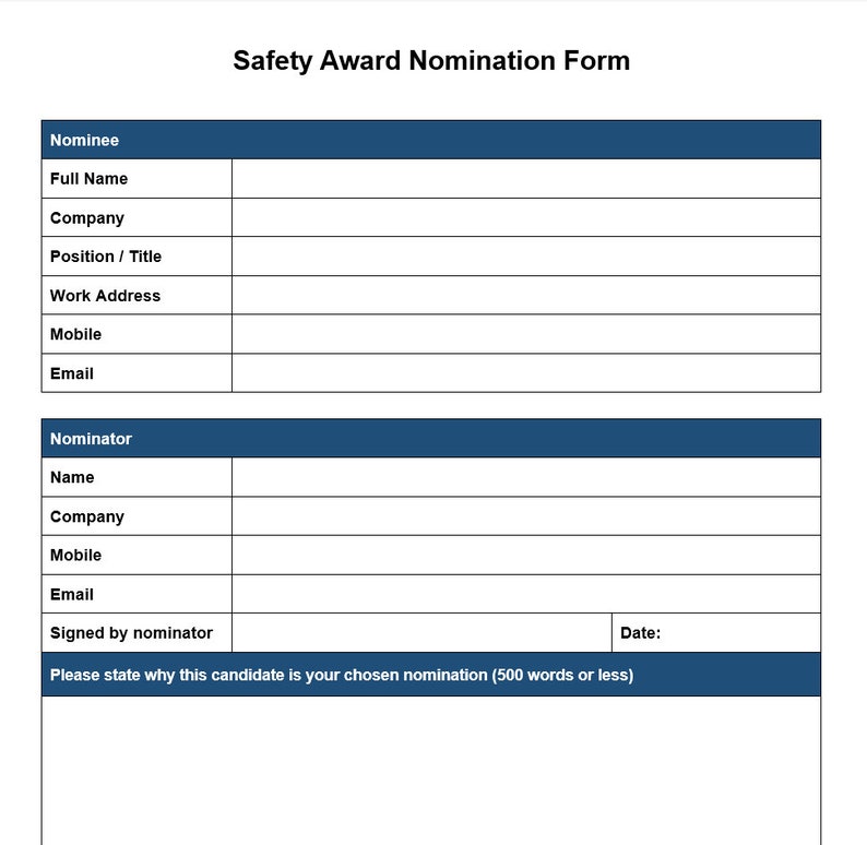 Complete Safety Award Nomination Form - Employee Recognition Template ...