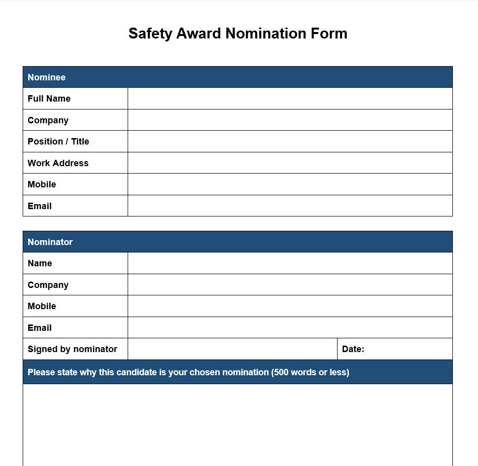 Complete Safety Award Nomination Form - Employee Recognition Template ...