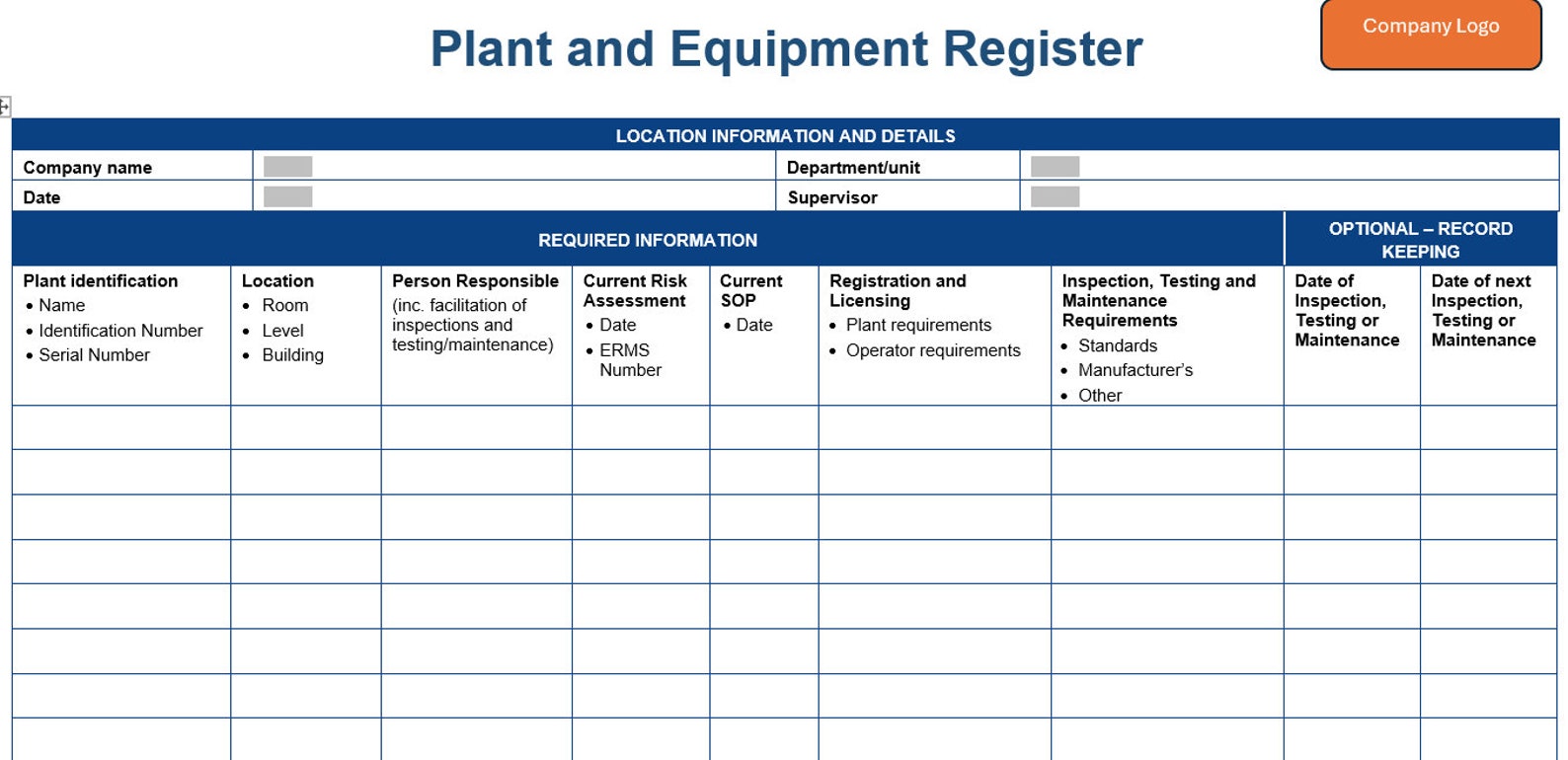 Plant and Equipment Register Template | Digital Download | Word Format ...