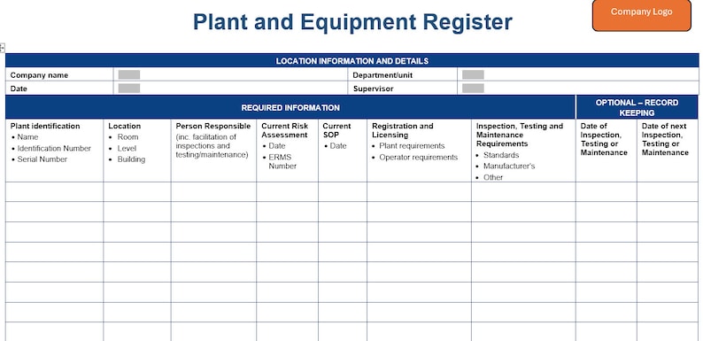Plant and Equipment Register Template | Digital Download | Word Format ...