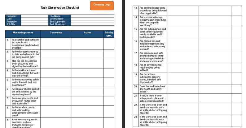 Complete Health and Safety Task Observation Checklist Template - Ensure ...