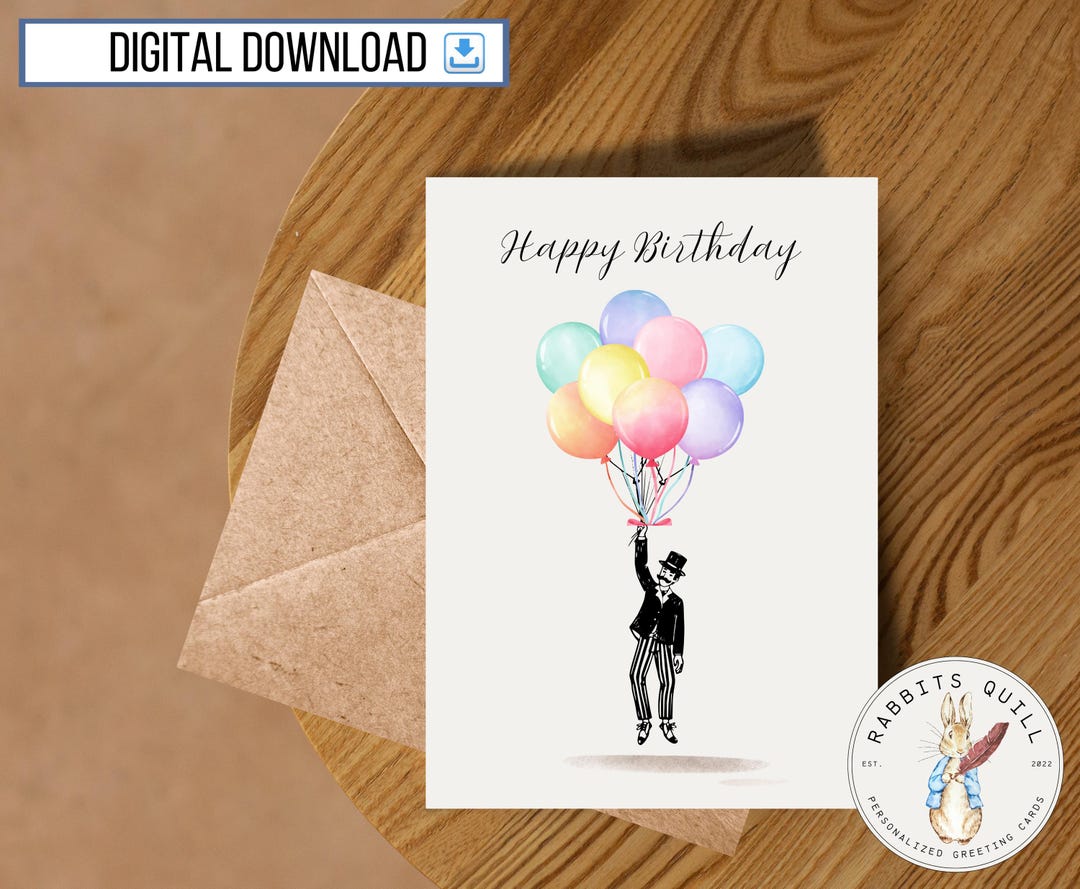 Happy Birthday Balloons Flying Card Printable, Digital Download, Simple ...