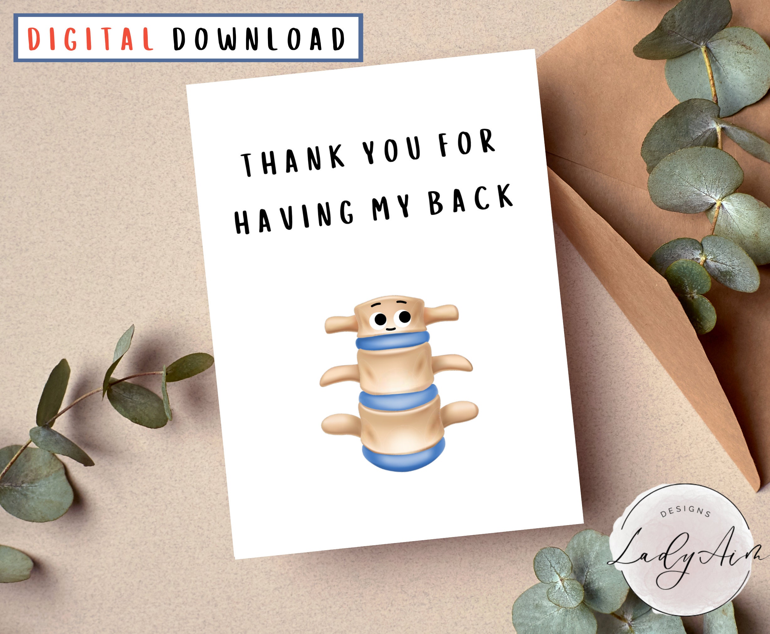 Printable Thank You Card, 5x7 Inch Card, Thanks for Having My Back ...