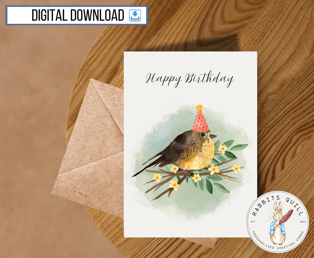 Bird Happy Birthday Card Printable, 5x7 Inch Card, Colorful Bird Tree ...