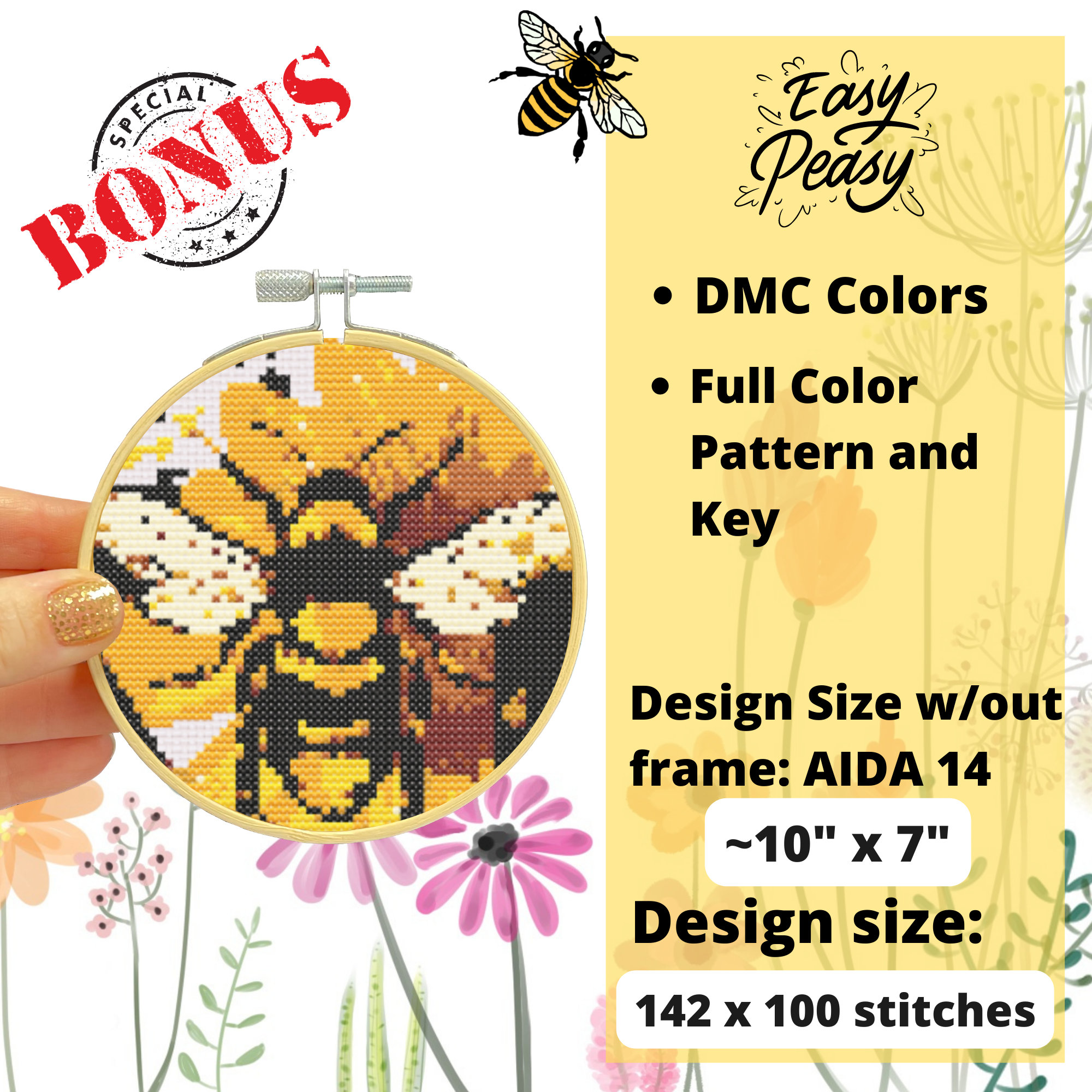 Honey Bee Kind Counted Cross Stitch Pattern for Spring Fast, Beginners ...