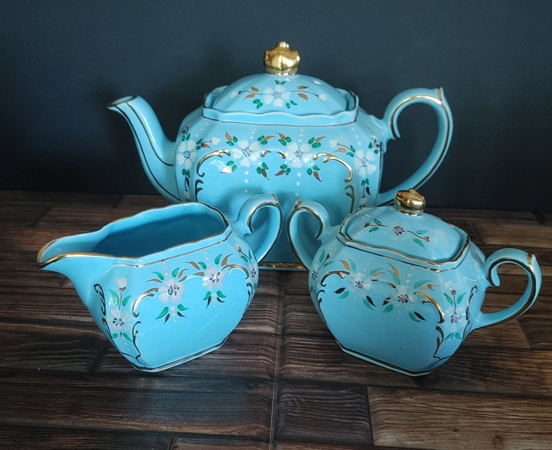 Rare Sadler Tea Set: Cube Teapot, Creamer, and Covered Sugar Bowl. Blue ...