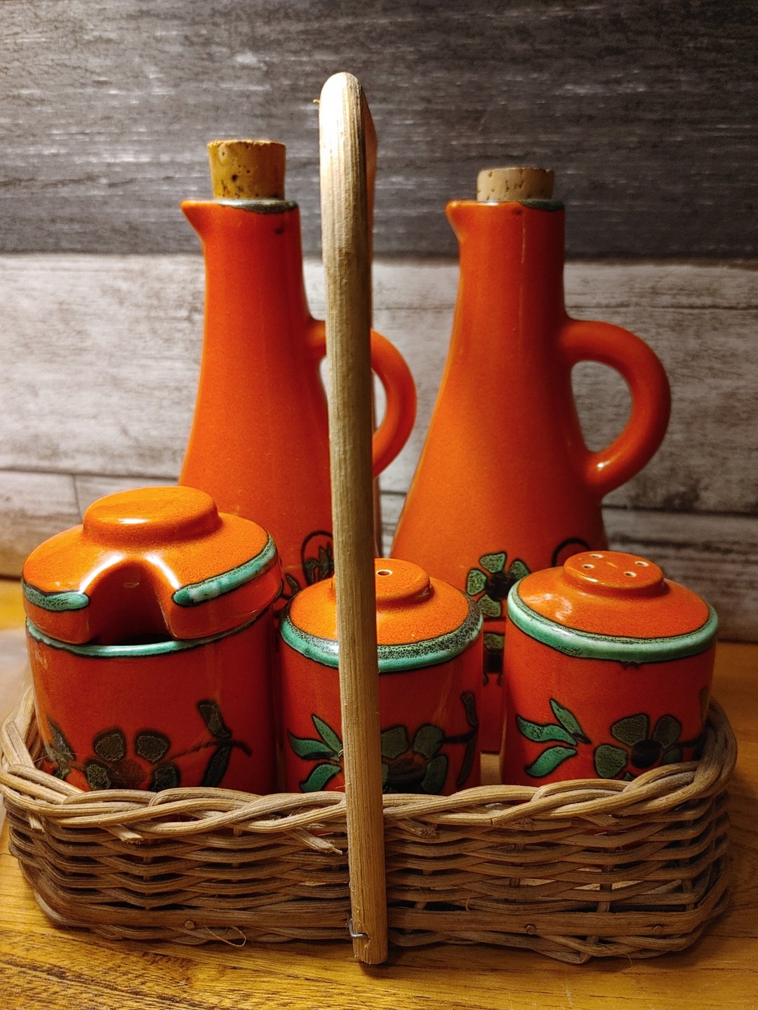 Vintage Five Piece Cruet Set Basket Includes Mustard, Salt, Pepper, Oil ...