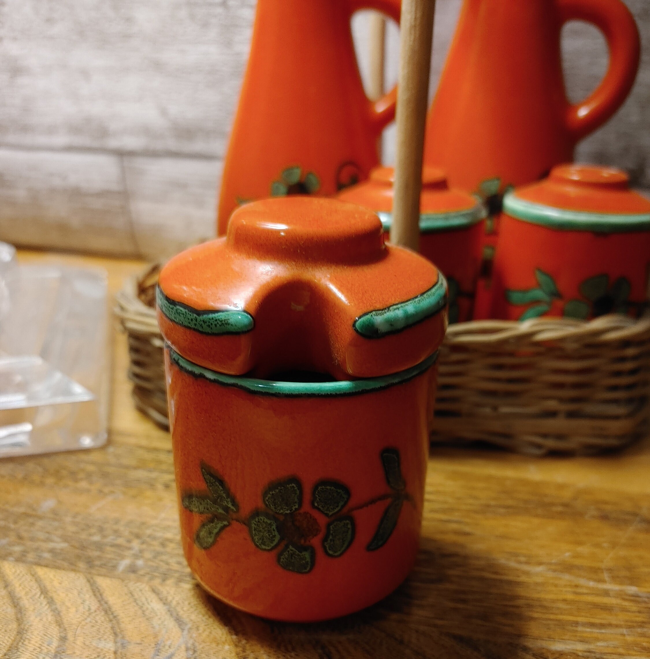Vintage Five Piece Cruet Set Basket Includes Mustard, Salt, Pepper, Oil ...