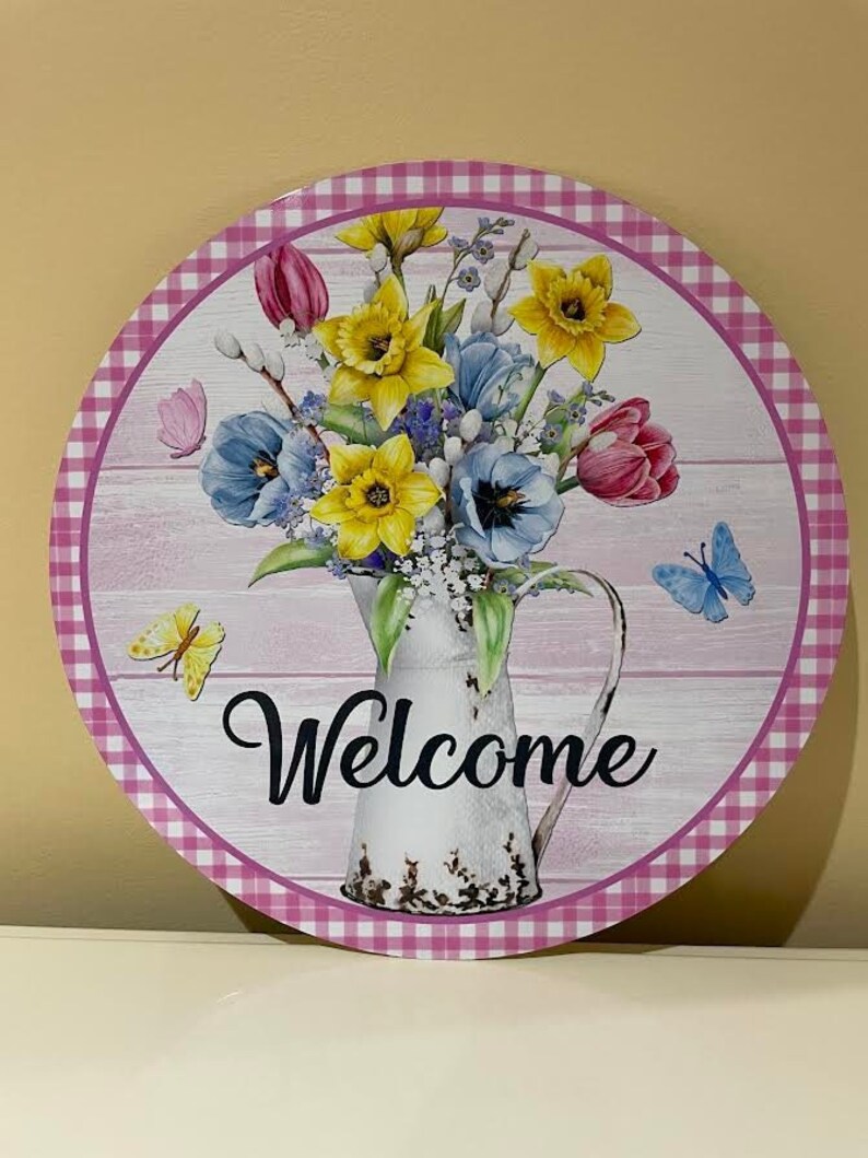 Welcome Sign Pink Floral Sign Spring Sign Metal Sign 12 Round Metal ...