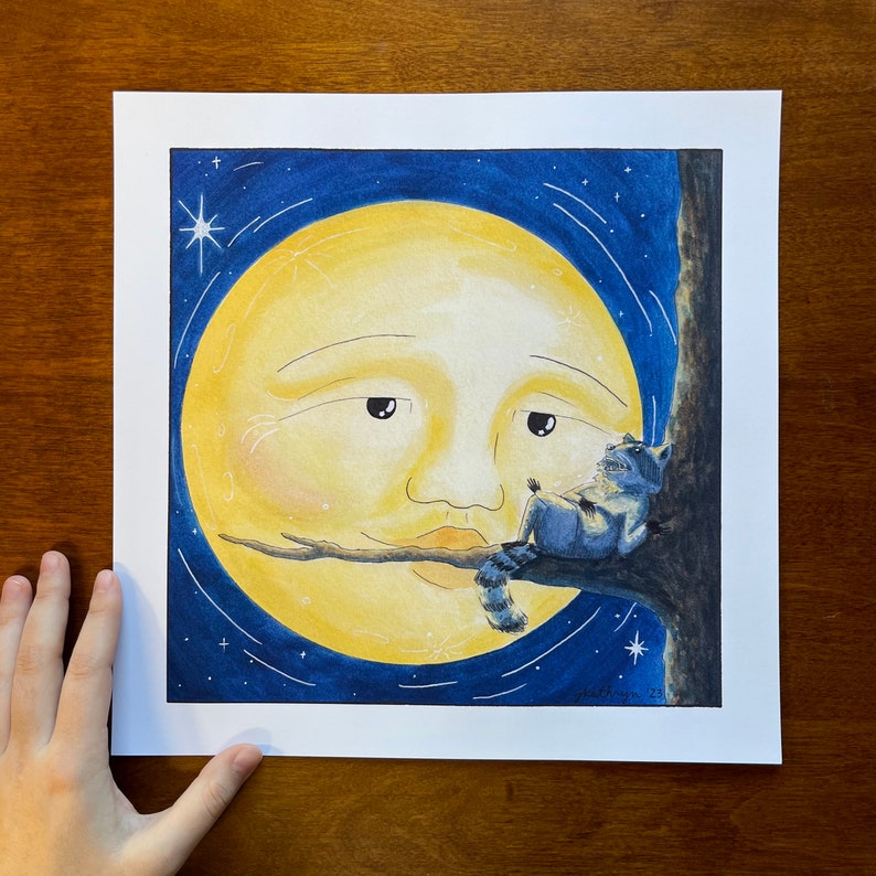 My Friend the Moon Raccoon Art Print Moon Art Watercolor - Etsy