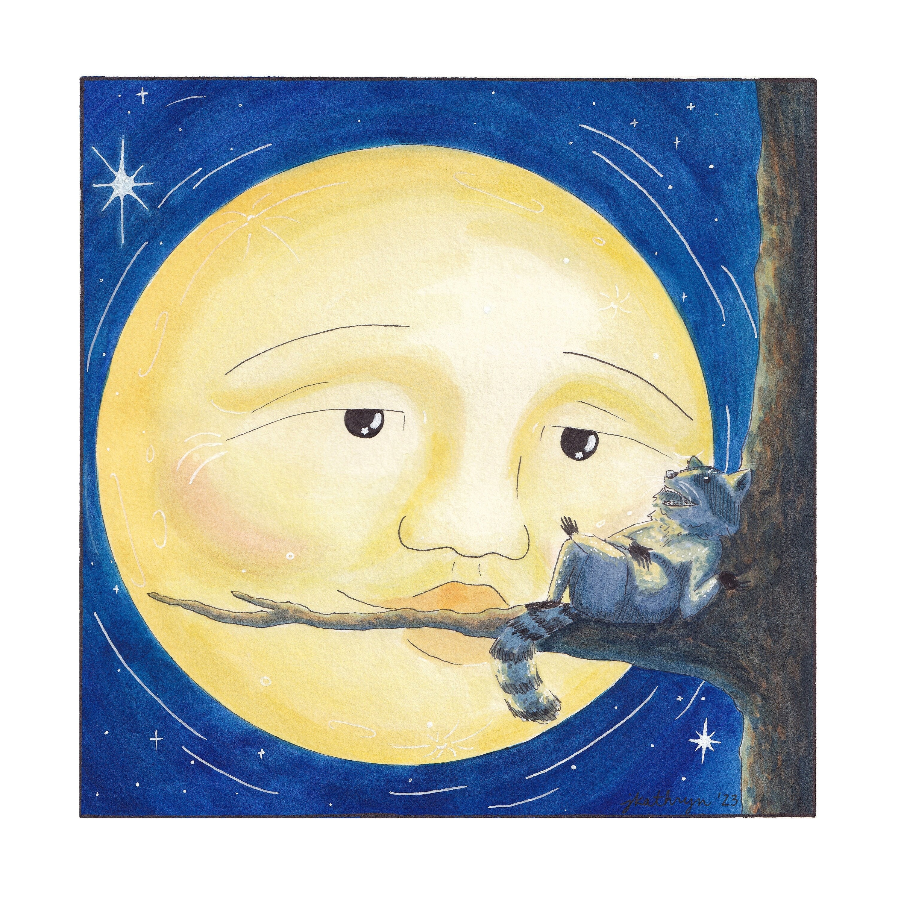 My Friend the Moon Raccoon Art Print Moon Art Watercolor - Etsy
