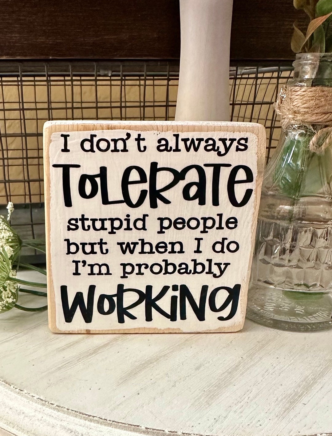 Funny Desk Mini Wood Block Sign – Sarcastic Coworker Gift, Stupid ...