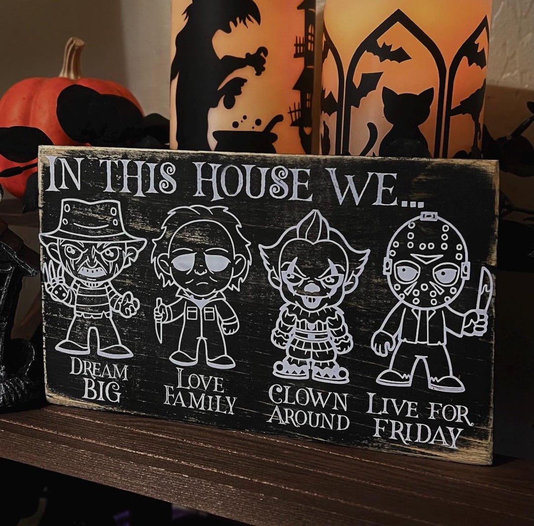 Halloween Horror Decor – Distressed Wood Sign – Scary Movie Icons ...