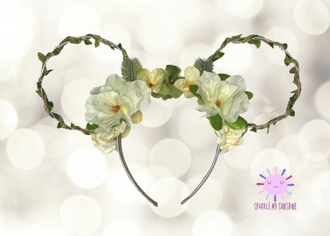 Green Floral Disney Ears | White Flower Mickey Wire Ears | Flower Crown ...