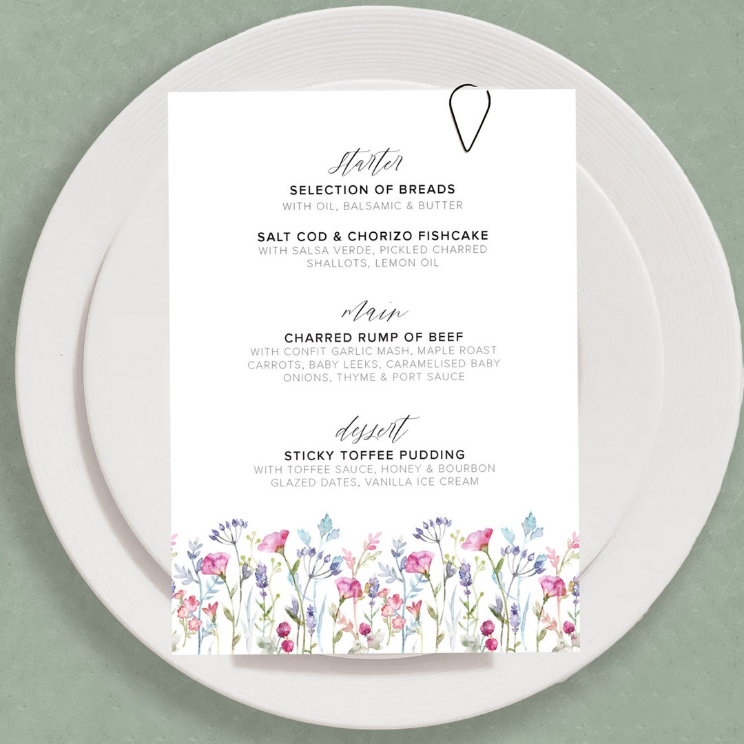 Wildflower Wedding Menu Pink Personalised Wedding Menu Pink Wedding ...