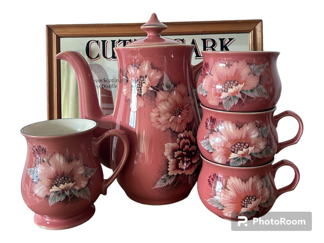 Denby Damask Stoneware Coffee Set: Light Pink Rose Glaze, English ...
