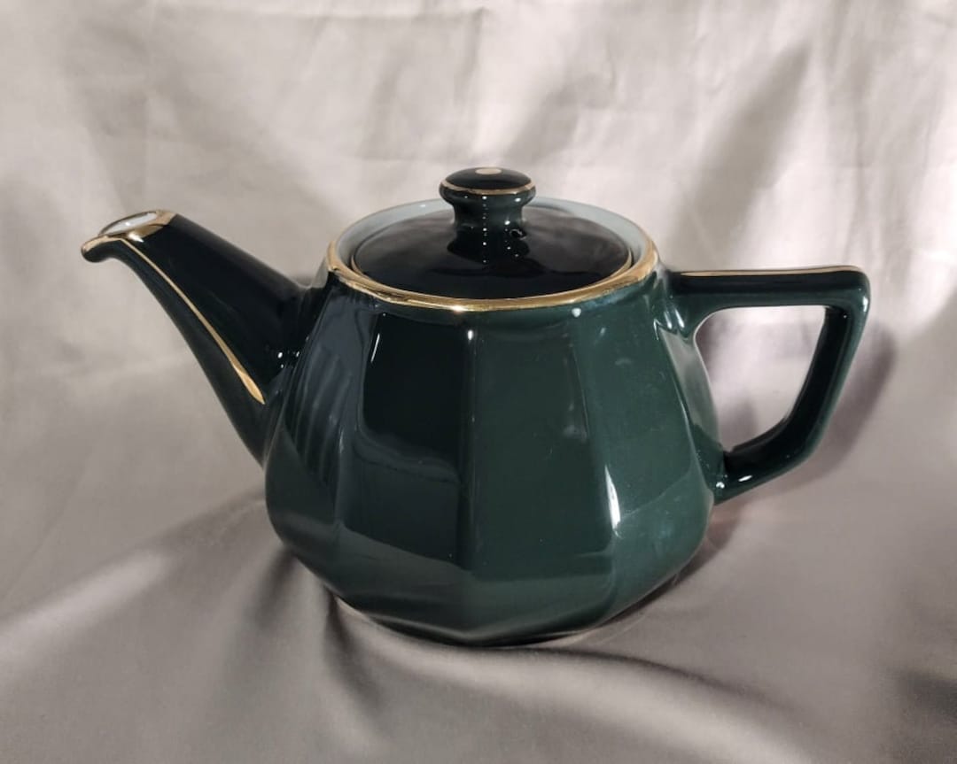 Vintage Apilco French Porcelain Teapot: Green & Gold Flora Collection ...
