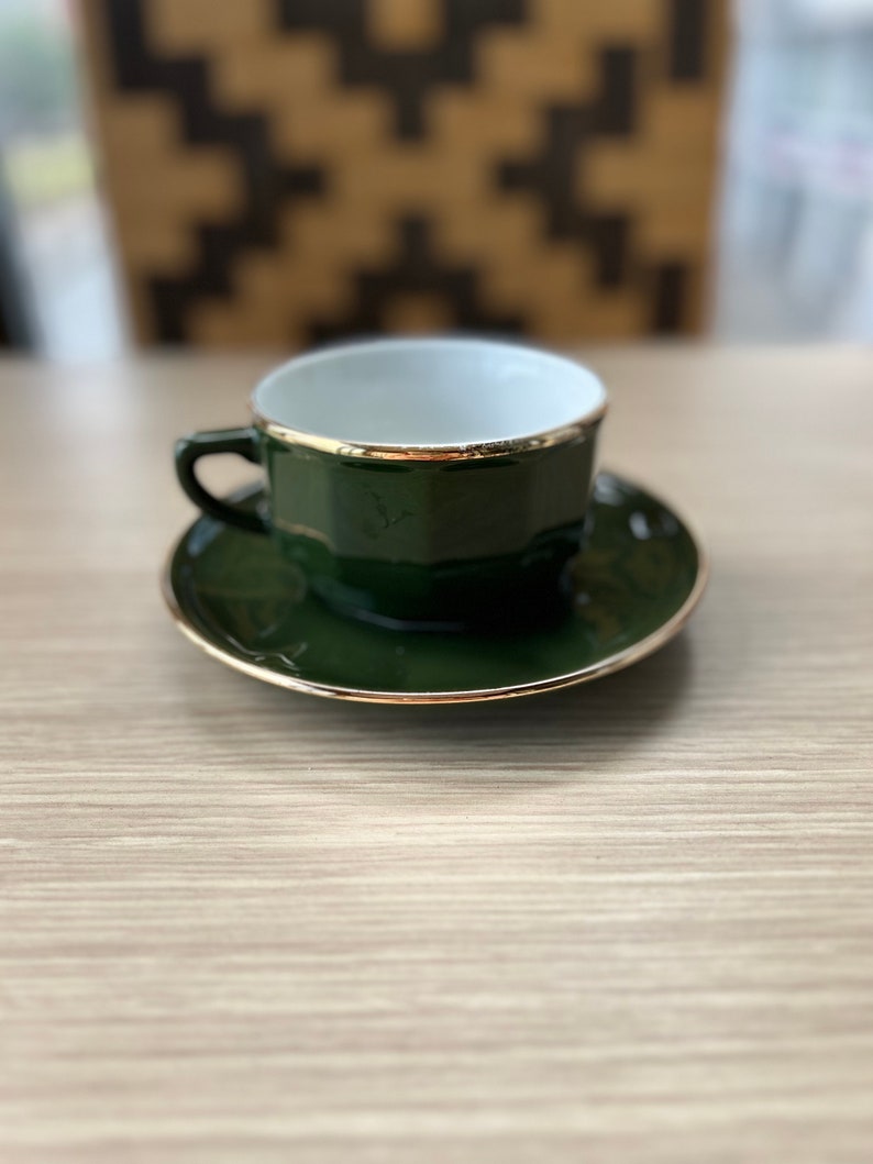 Apilco TEA CUP SET Green & Gold Vintage French Porcelain 1st Quality ...