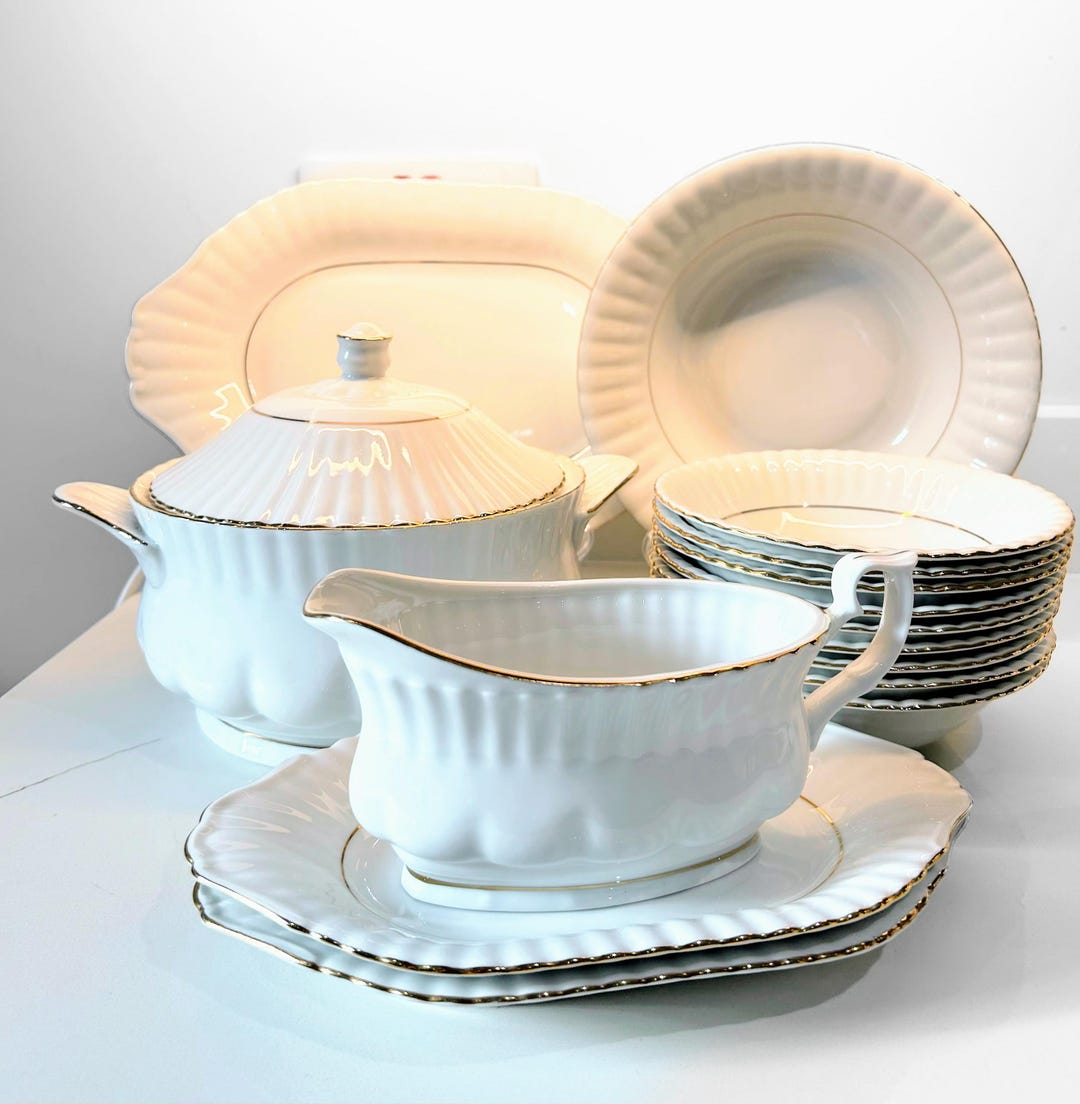 Vintage Chodziez 'iwona' Dinnerware Set: White Porcelain With Gold Trim - Etsy UK