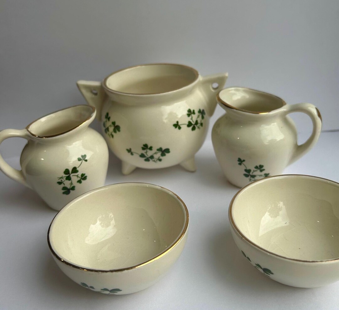 Vintage Carrigaline Pottery Shamrock Kettle Bell, Creamer Jug, Bowl ...