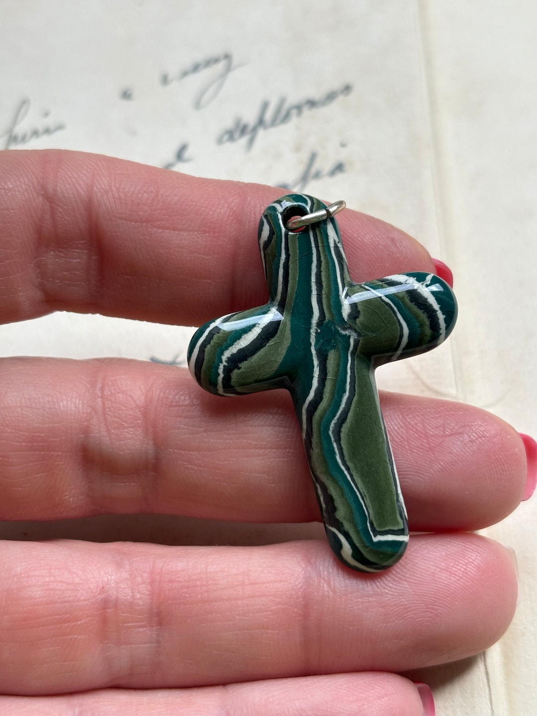 Vintage Marble Colored Green Black White Ceramic Clay Cross Pendant - Etsy