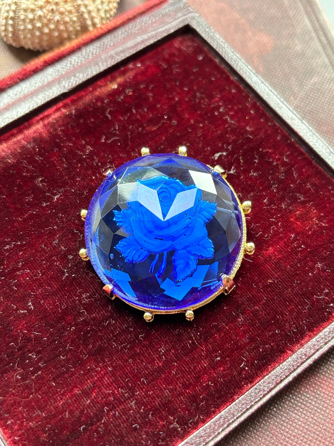Vintage Blue Glass Rose Engraved Brooch - Etsy