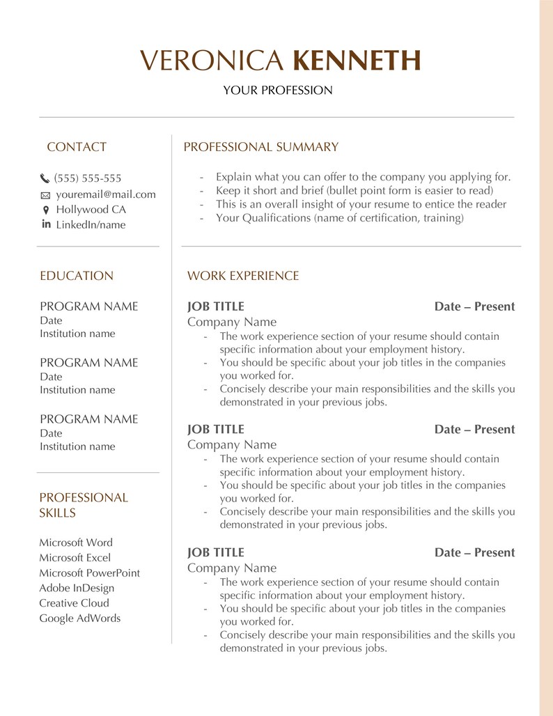 Modern Professional Resume Template for Word, Google Docs - Etsy