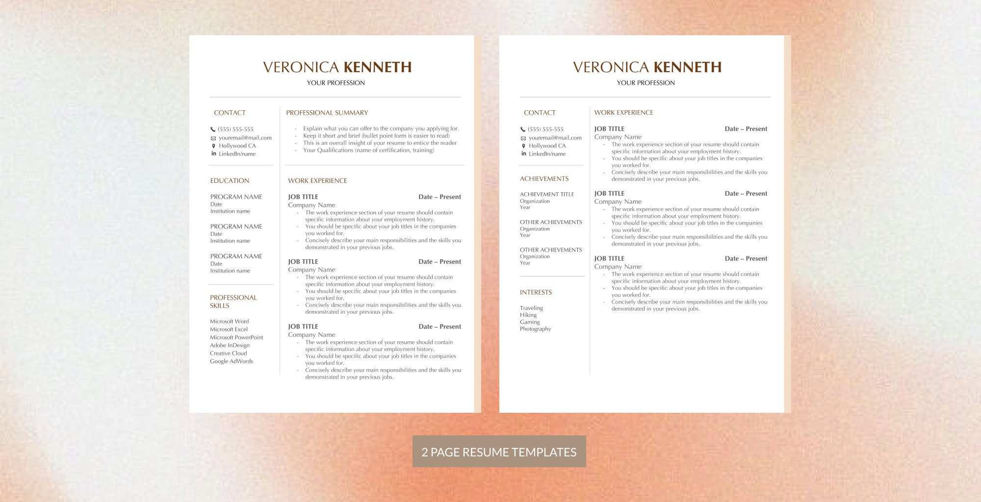 Modern Professional Resume Template for Word, Google Docs - Etsy