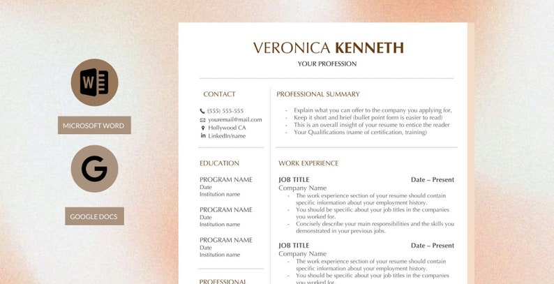 Modern Professional Resume Template for Word, Google Docs - Etsy