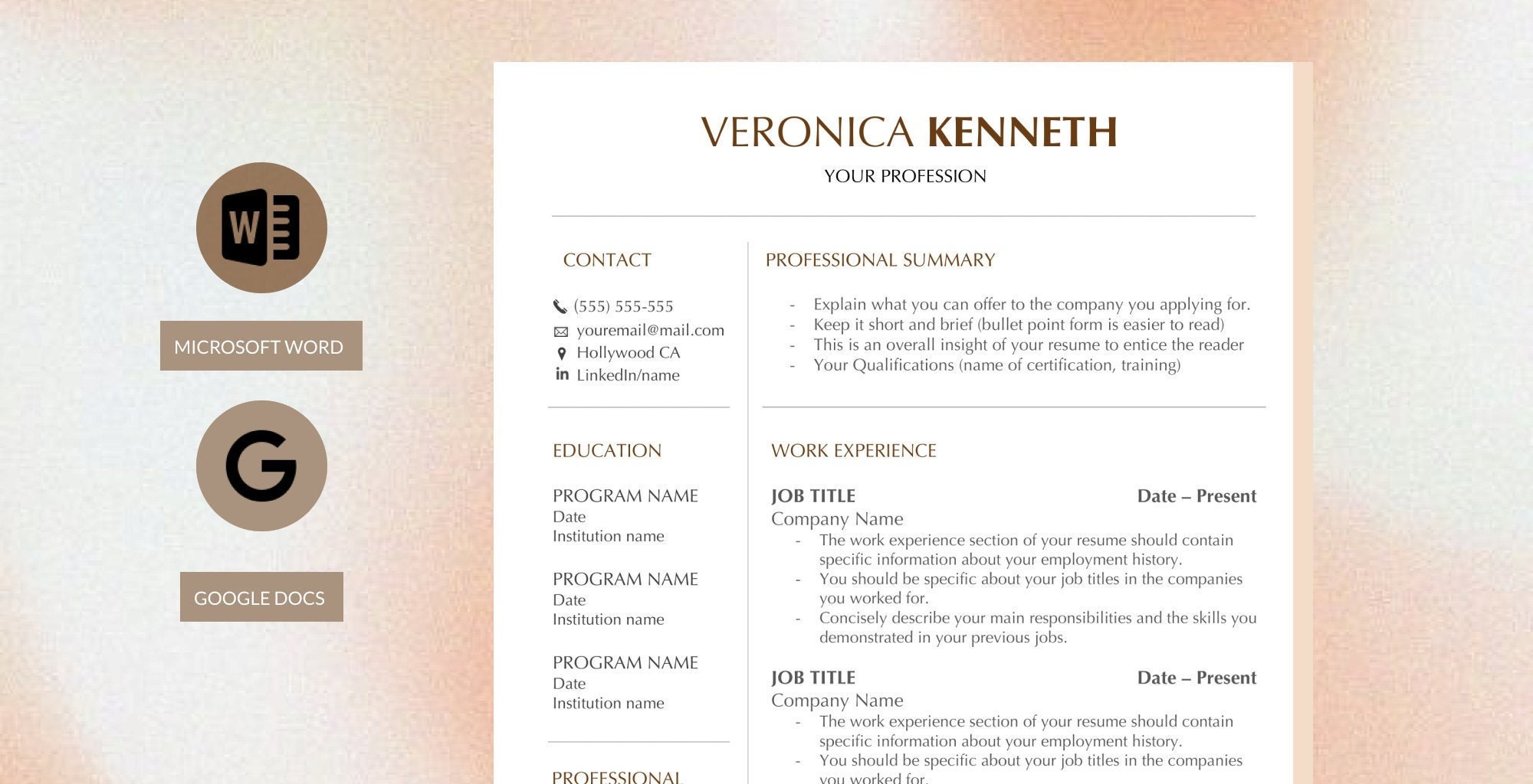 Modern Professional Resume Template for Word, Google Docs - Etsy