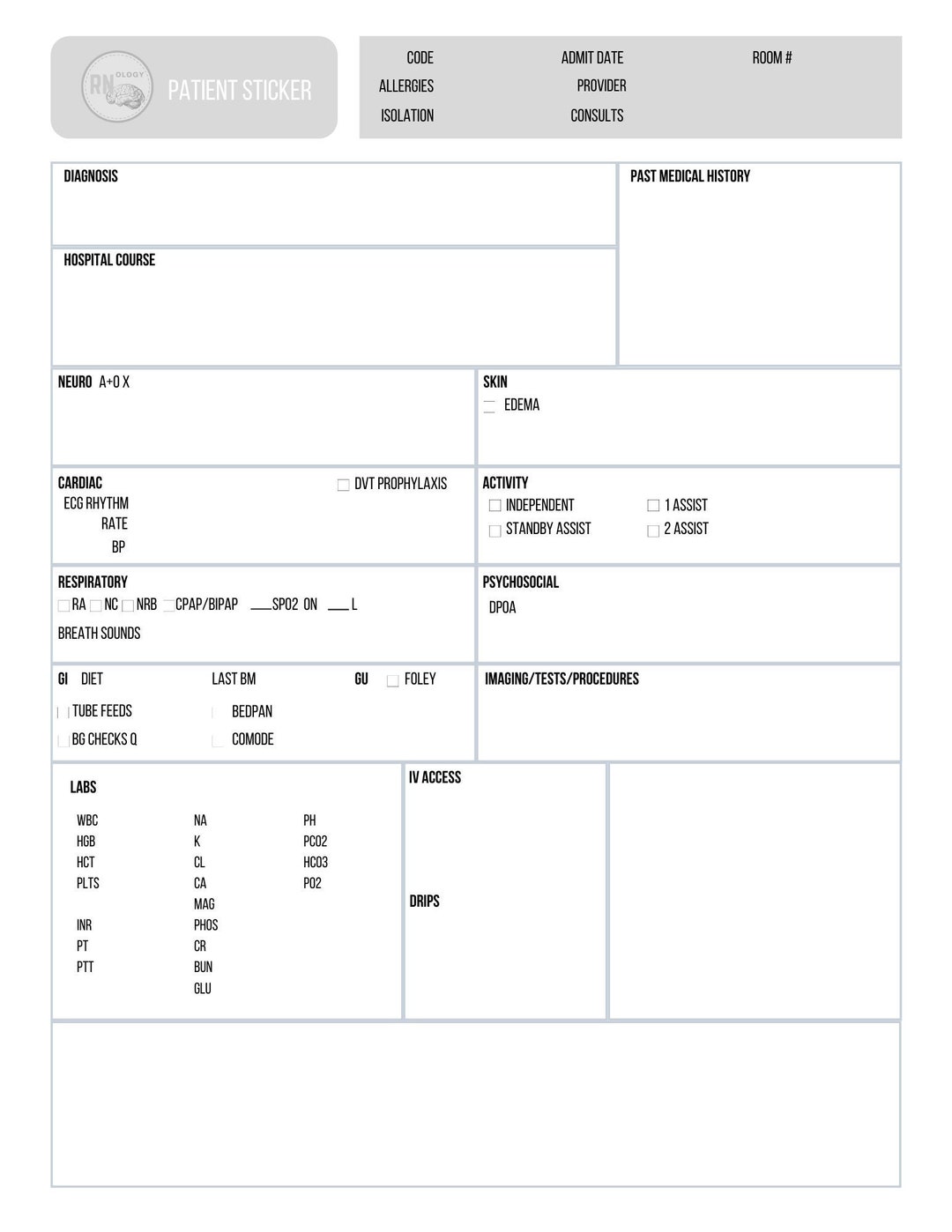 Nurse Brain Sheet Template - Etsy