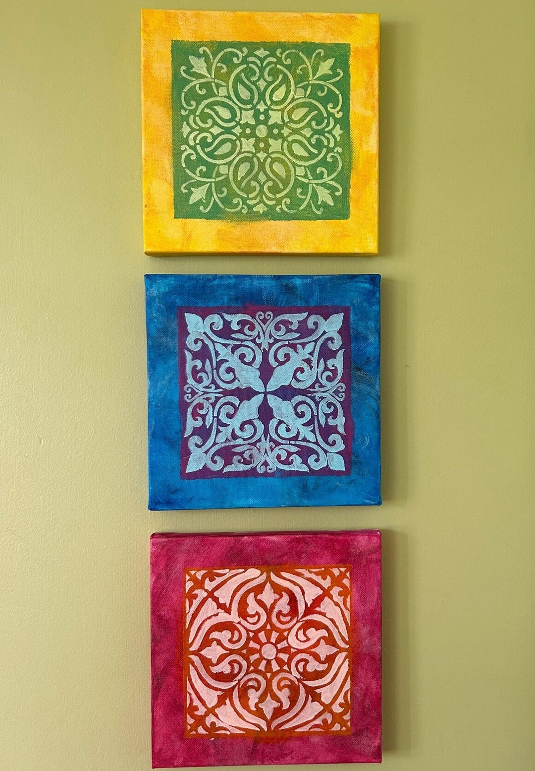 Colorful Wall Décor - Set of Three Acrylic Art Design Paintings on 8" X ...