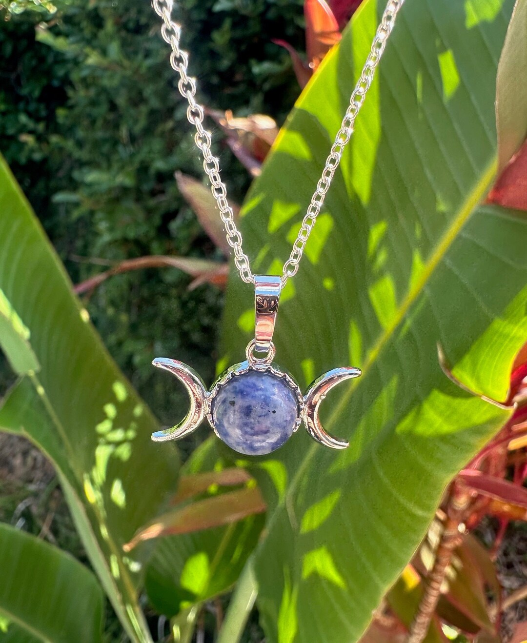 Dainty Blue Spot Jasper Celestial 2 Moon Pendant Blue Spot Jasper Necklace Man Made Encased ...