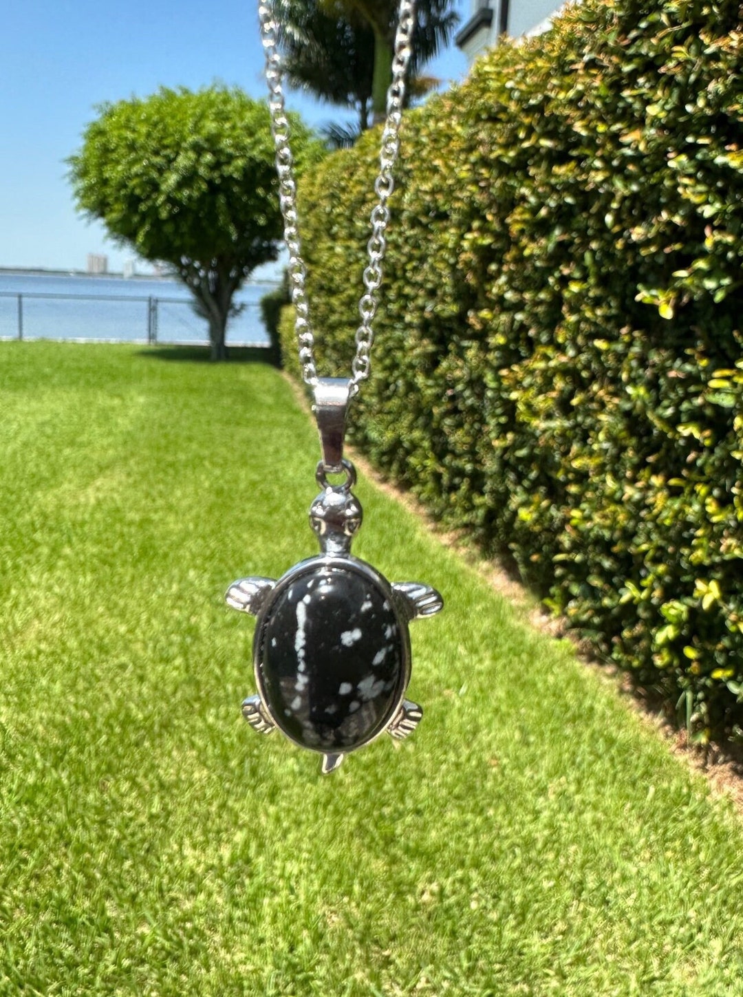 Dainty Snowflake Obsidian Turtle Pendant Turtle Necklace Chakra Healing ...