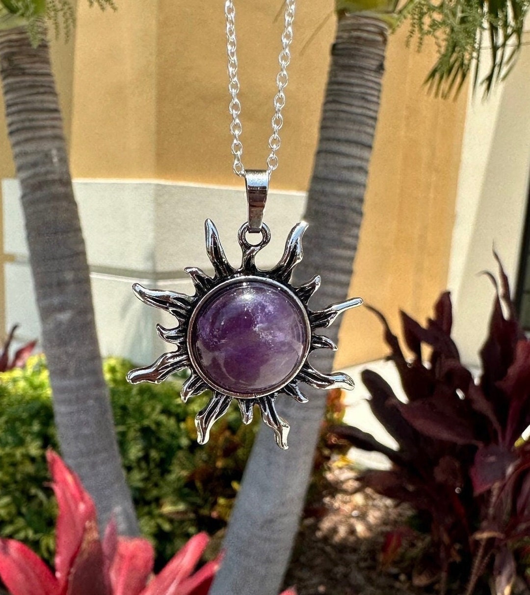 Amethyst Sun Pendant Necklace: Chakra Healing Crystal, 18 Inch Chain - Etsy