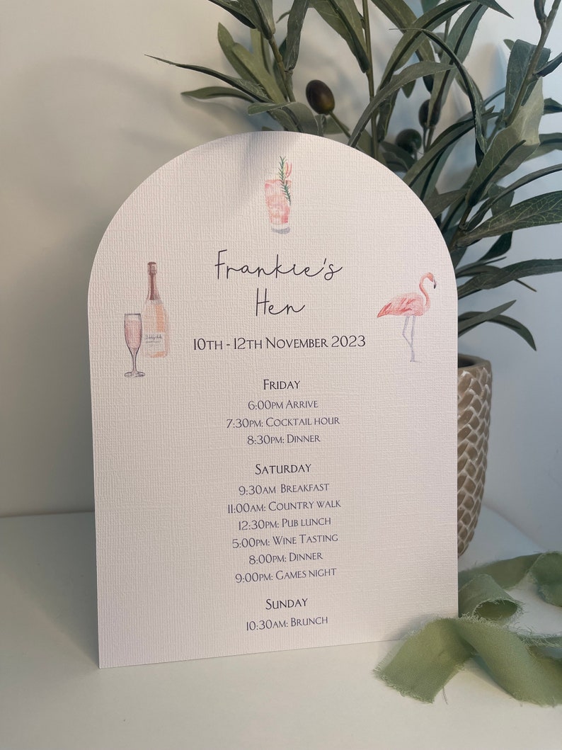Arched Itinerary Card Hen Party Itinerary Hen Do Wedding Stationery ...