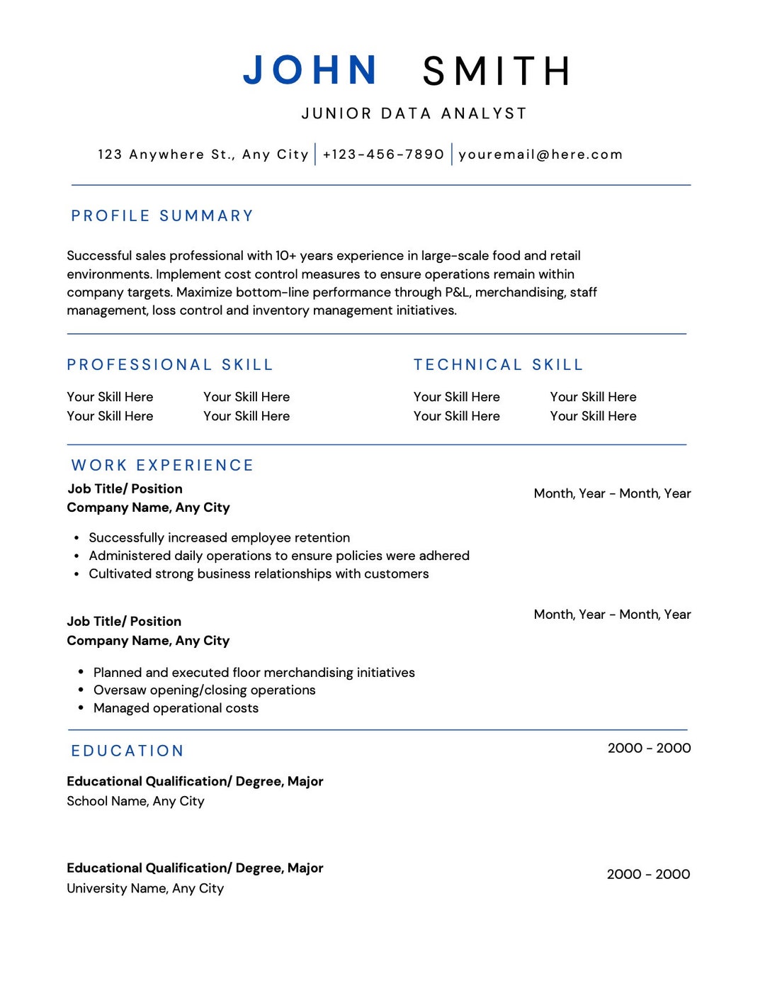 Blue Modern Resume Templates, Minimalist & Professional Resume, Simple ...