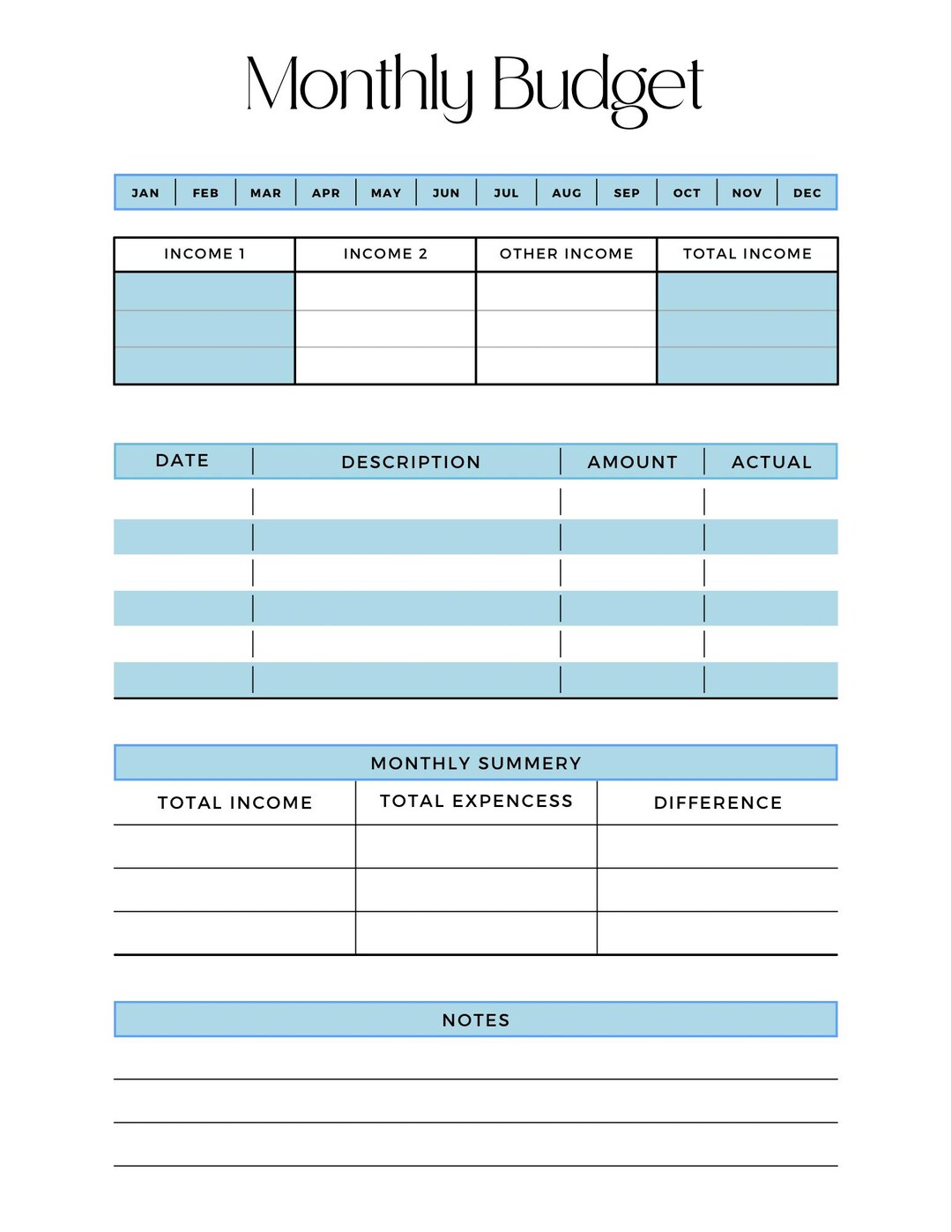 Aesthetic Blue Budget Template, Digital Budget Planner, Budget Binder ...