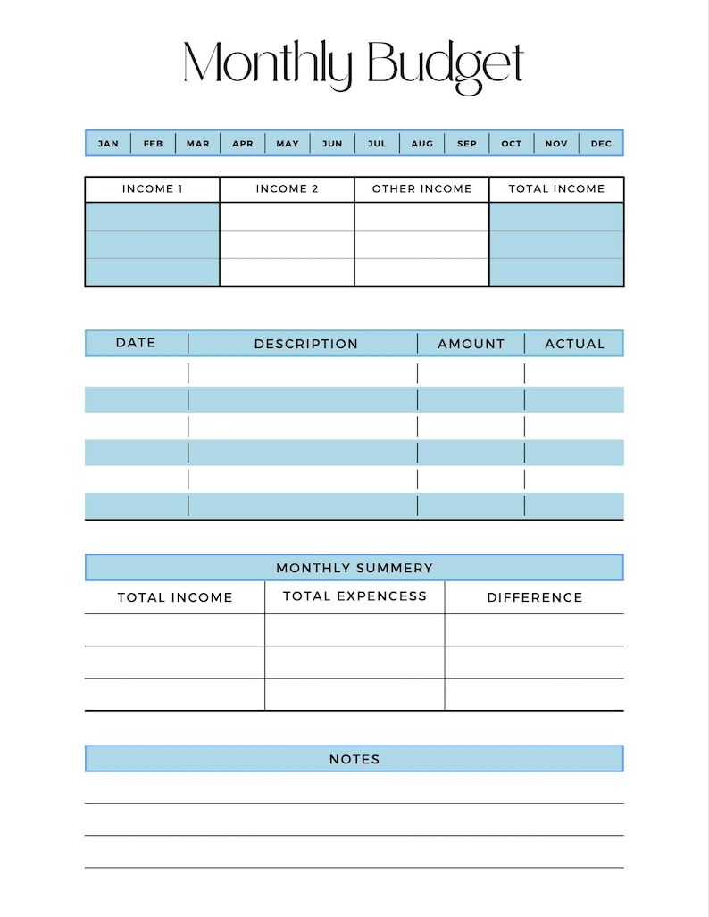 Aesthetic Blue Budget Template, Digital Budget Planner, Budget Binder ...