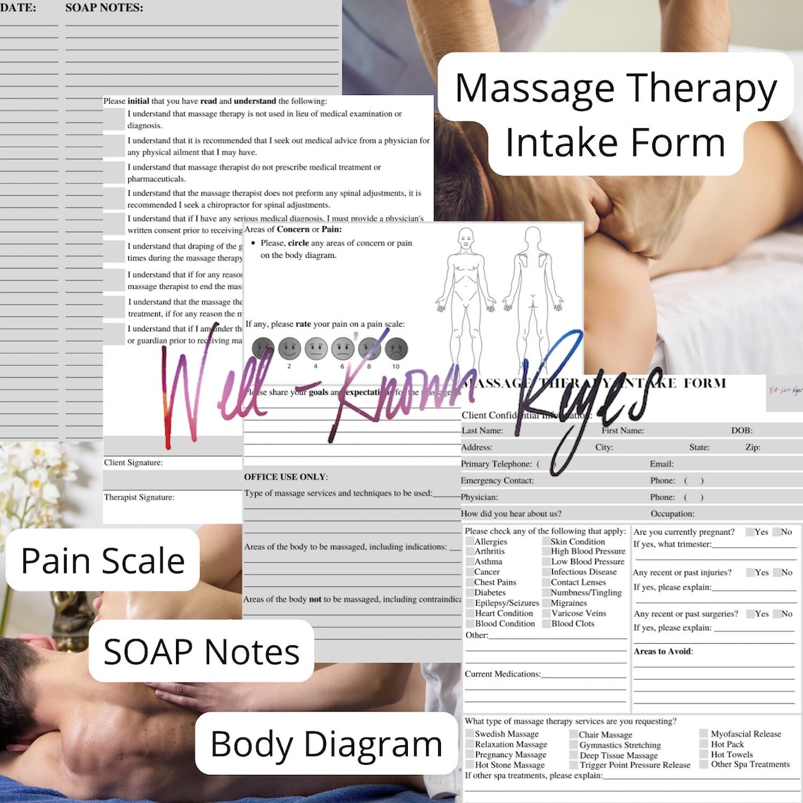 Massage Therapy Intake Form With SOAP NOTES, Subjective Pain Scale ...