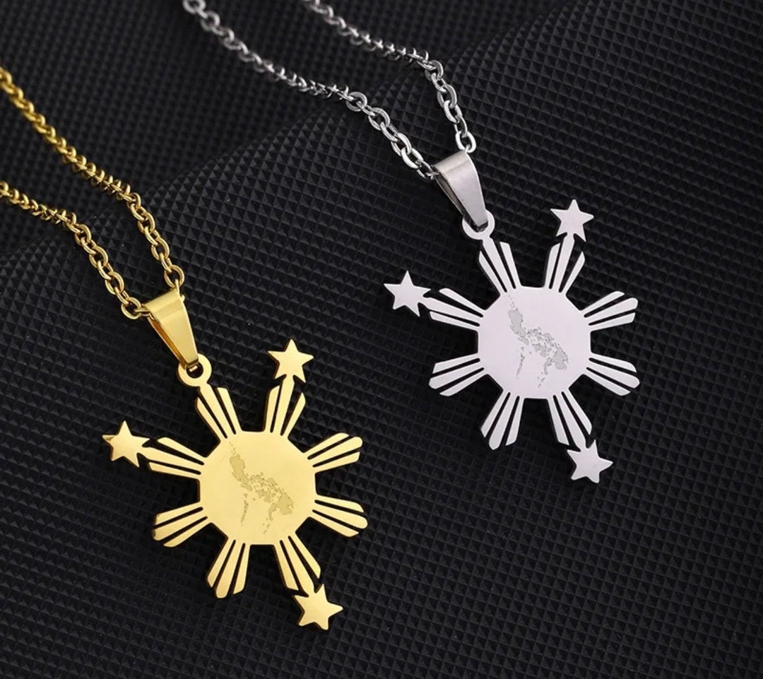 Philippines Jewelry Filipino Map Golden and Silver Sun Pendant Necklace ...
