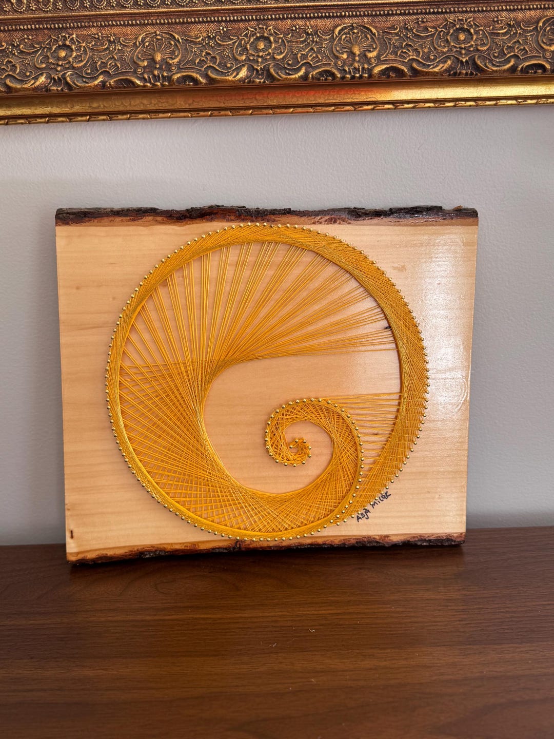 Golden Spiral String Art on Natural Live Edge Wood | Sacred Geometry Decor | Handmade Boho Wall ...