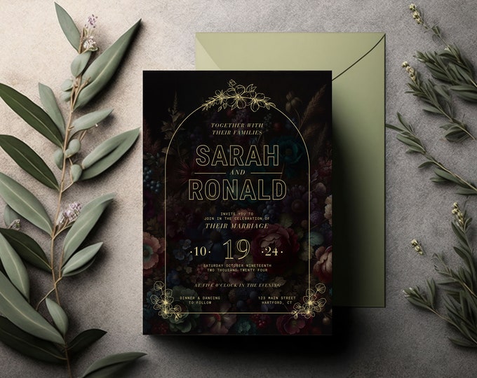 Moody Floral Wedding Invitation, Dark Floral Invite, Botanical ...