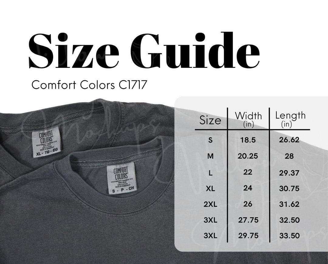 Comfort Colors 1717 Size Guide, Sizing Guide, Small and XL Pepper CC ...