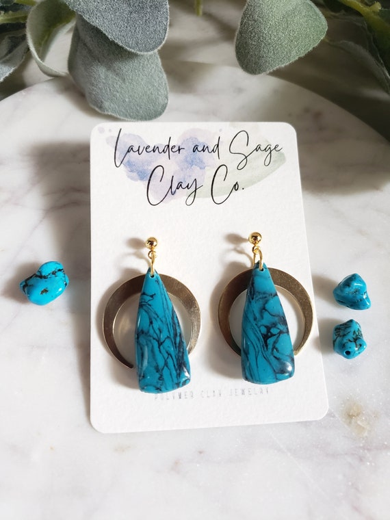 Turquoise Dagger Shaped Polymer Clay Earrings With Brass Moon Accents Handmade Clay Earrings Etsy