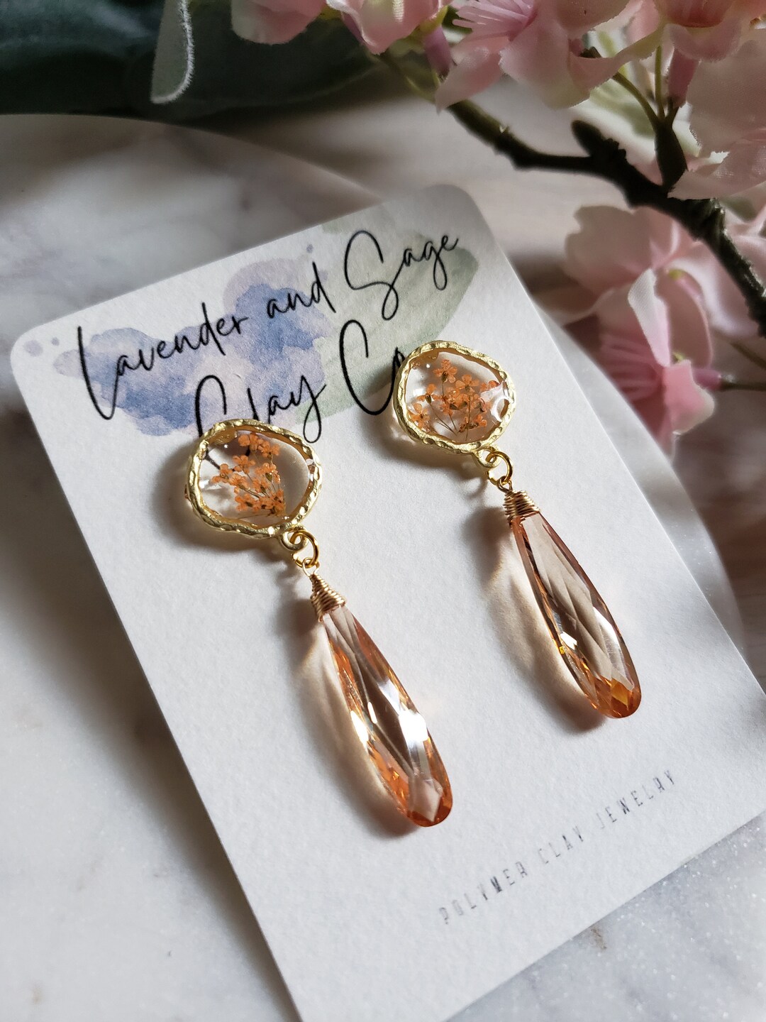 Peach Floral Resin Studs With Peach Cubic Zirconia. Pantone Color of ...
